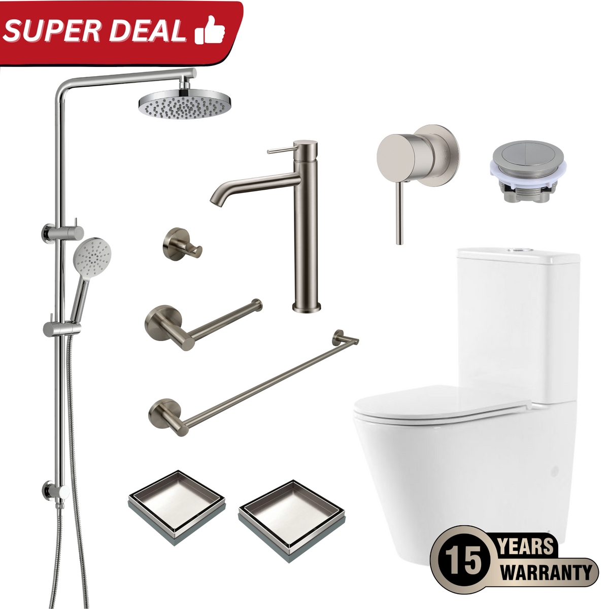 Wellsons Toilet Tapware Shower Complete Bathroom Package Brushed Nicke