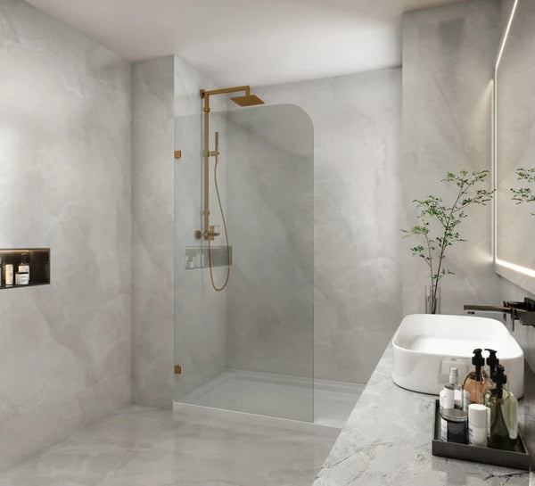 Covey Frameless Fixed Panel Shower Screen Curved Edge - Brushed Gold ...