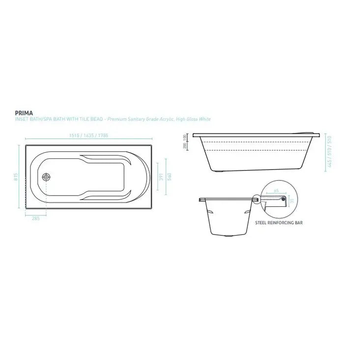 Decina Prima Contour 12 Jet Spa Inset Bath 1515/1635/1785mm - Gloss Wh ...