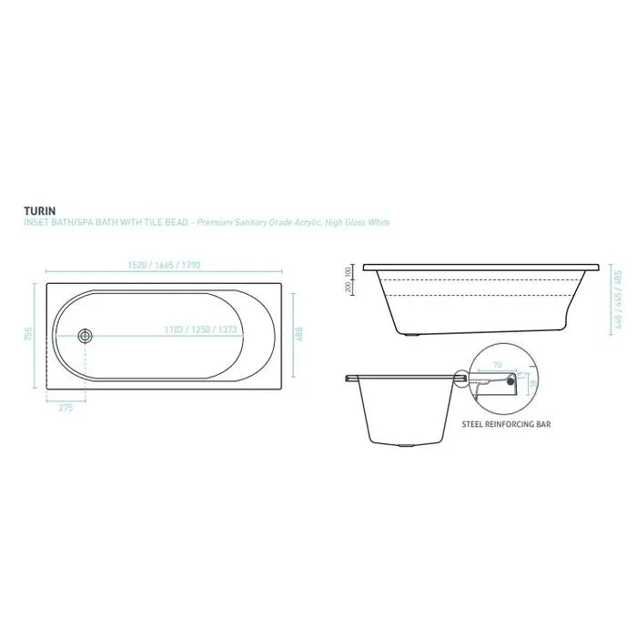 Decina Turin Contour 12 Jet Spa Inset Bath 1510/1665/1790mm - Gloss Wh ...