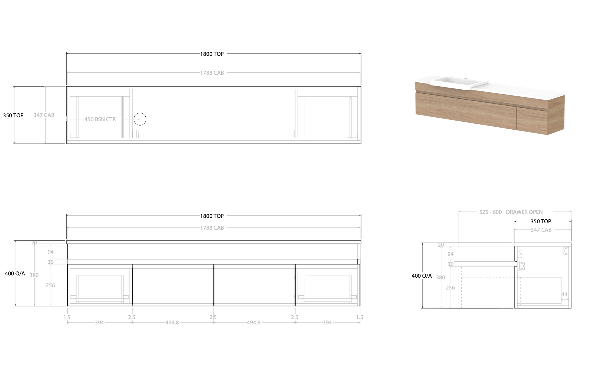 ADP Glacier Semi Recessed Door & Drawer Wall Hung Vanity Slim - Lite ...
