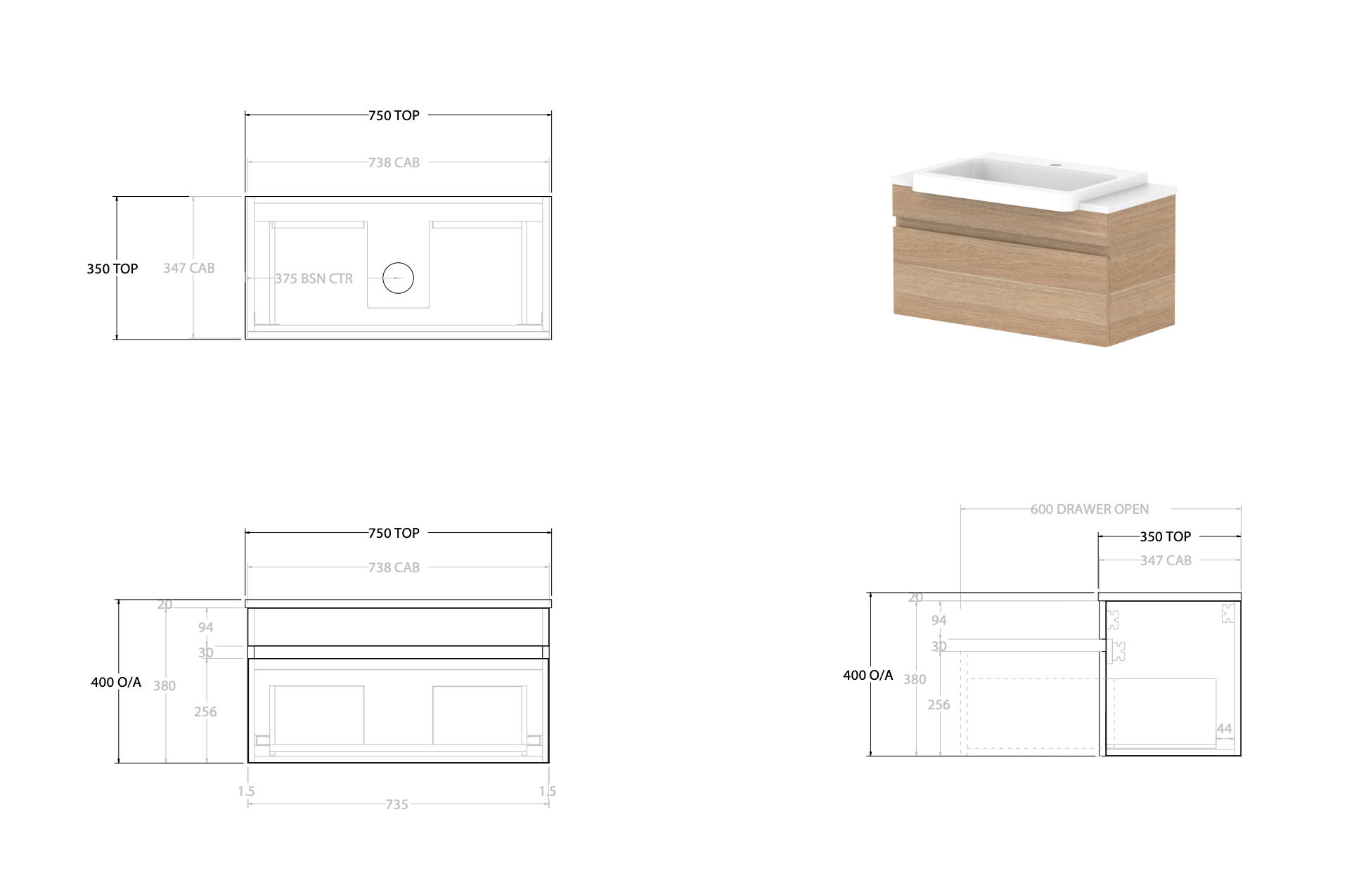 ADP Glacier Semi Recessed All Drawer Wall Hung Vanity Slim - Pro – Wellsons