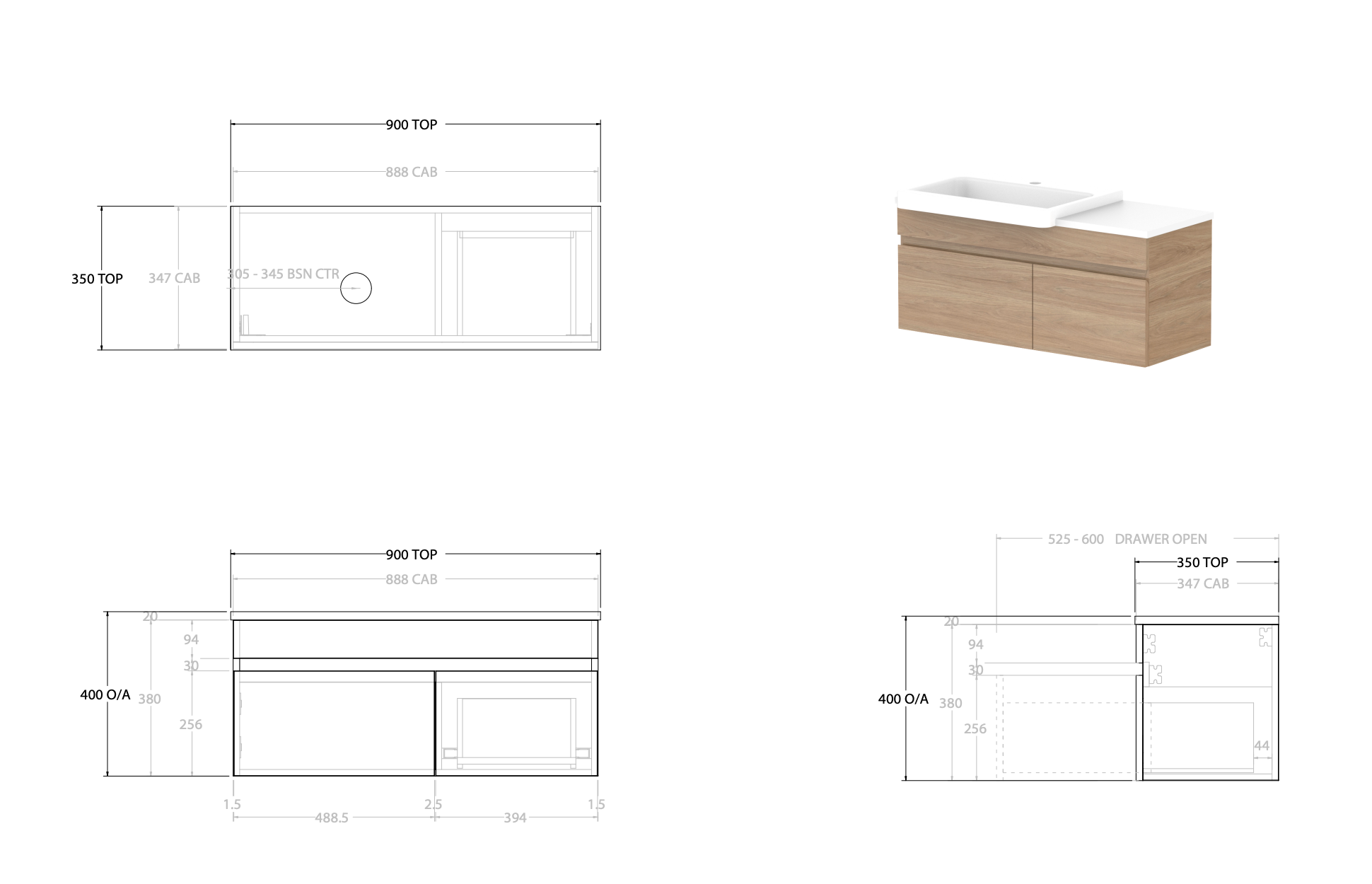 ADP Glacier Semi Recessed Door & Drawer Wall Hung Vanity Slim - Lite ...