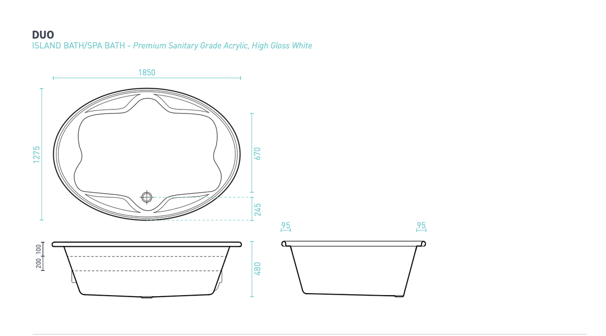 Decina Duo Contour 16 Jet Spa Inset Bath 1850mm - Gloss White – Wellsons