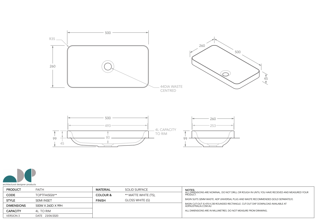 ADP Faith Solid Surface Basin Matte White | Wellsons