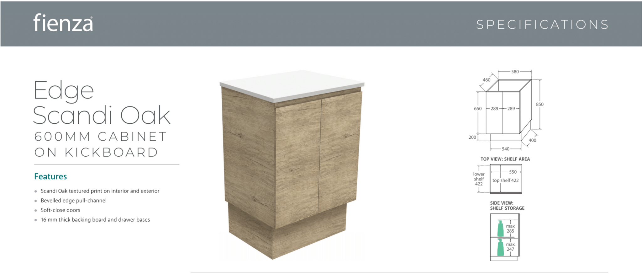 Fienza Vanessa Edge Kick board Vanity Scandi Oak – Wellsons