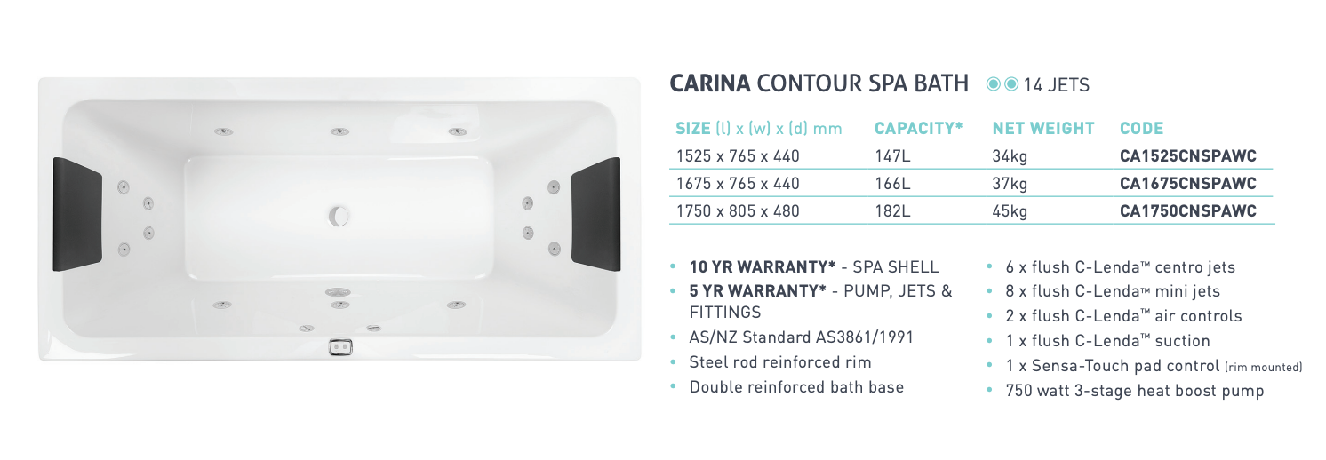 Decina Carina Contour 14 Jet Spa Bath 1525/1675/1750mm - Gloss White ...