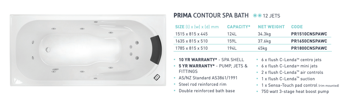 Decina Prima Contour 12 Jet Spa Inset Bath 1515/1635/1785mm - Gloss Wh ...