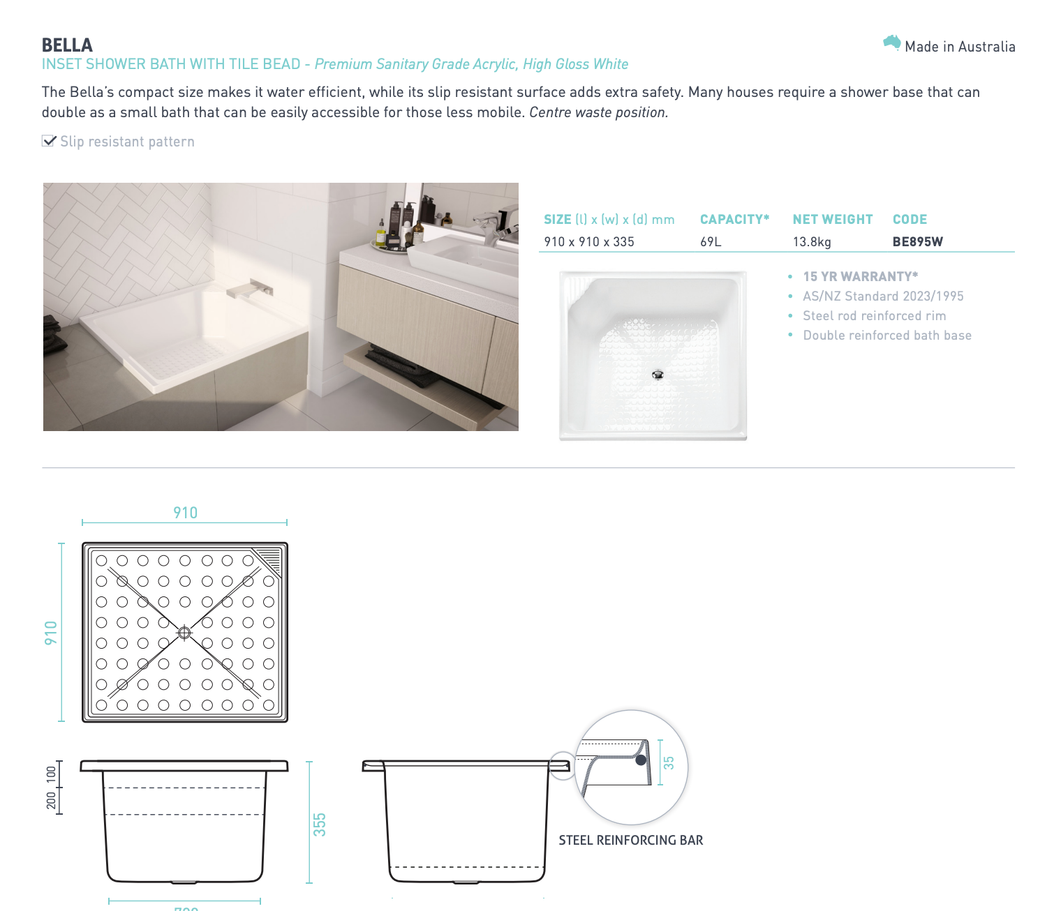 Decina Bella Inset Shower Bath 910mm - Gloss White – Wellsons